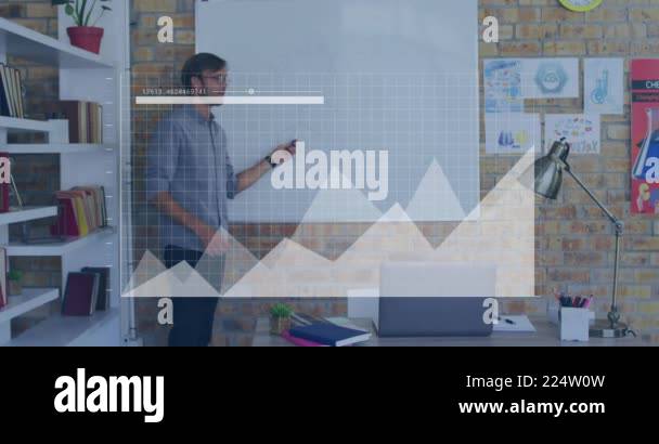 Animation of statistics and data processing over caucasian male teacher ...