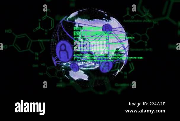 Global network connections animation over chemical formulas and data ...