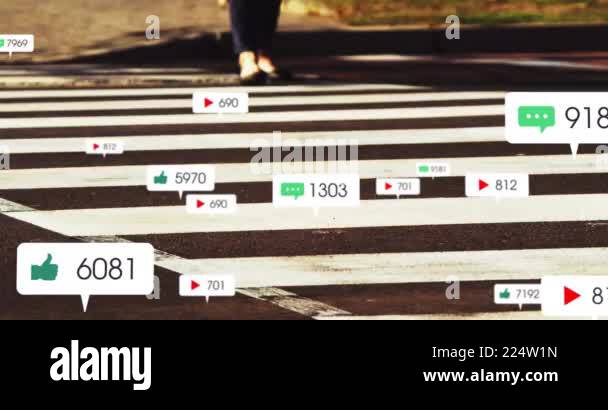 Social media engagement animation over busy street with various ...