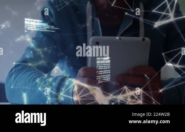 Programming code and network connections animation over person using tablet. Technology ...