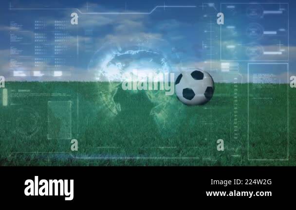 Soccer ball on grass with futuristic data processing animation over blue sky. technology, sport ...