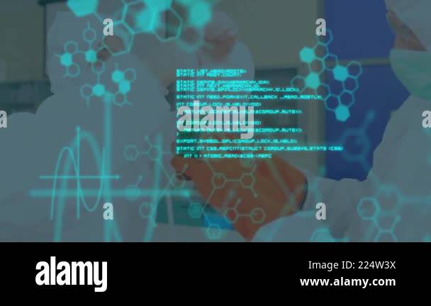 In laboratory, scientists analyzing data with hexagonal molecular structures animation. Science ...