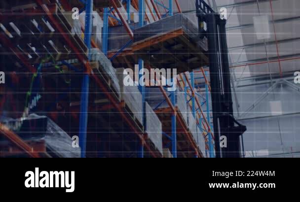 Forklift lifting pallets in warehouse with stock market data animation ...