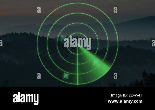 Radar scanning animation over forested mountain landscape at dusk ...