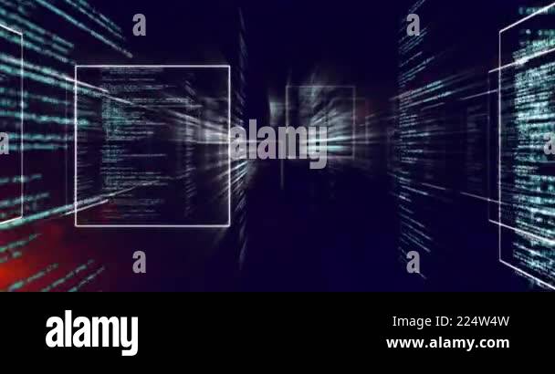 Digital code and data processing animation over glowing red light. Technology, cybersecurity ...