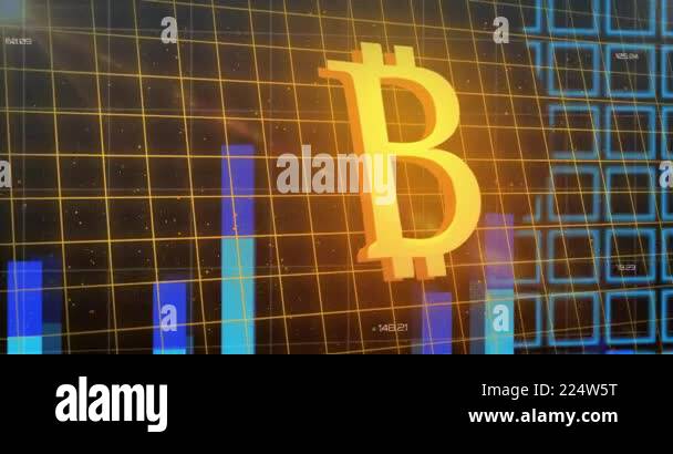 Animation of bitcoin sign and financial data processing over world map on black background ...