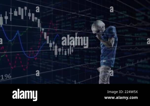 Financial data and stock market animation over American football player holding ball. Finance ...