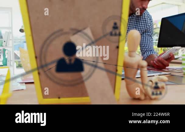 Network connections and data processing animation over man working at ...