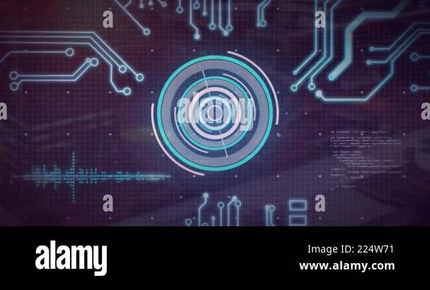 Circuit board and digital target animation over grid background ...