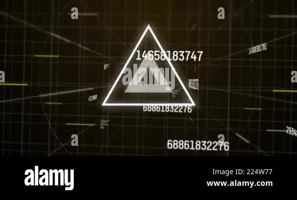Glowing Triangle With Numbers And Data Processing Animation Over Grid Background Technology