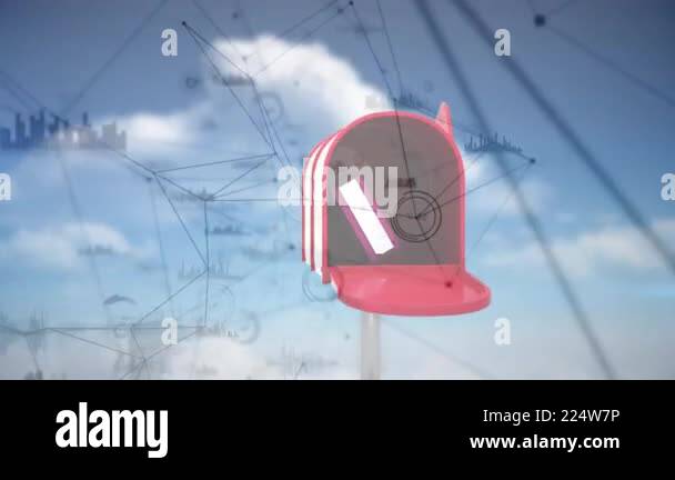 Red mailbox with email icon and network connections animation over blue ...