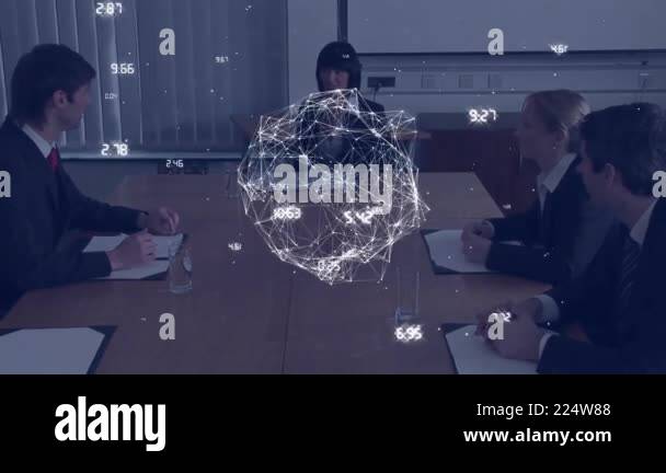 Network connections and data points animating over business meeting in ...