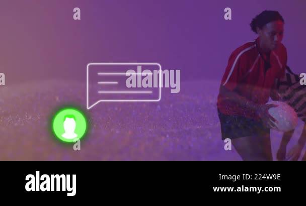 Animation of media icons over diverse female rugby players playing ...