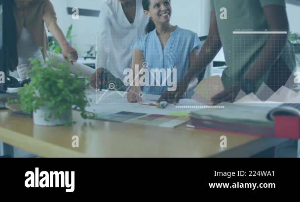 Business data analysis animation over diverse team collaborating on ...
