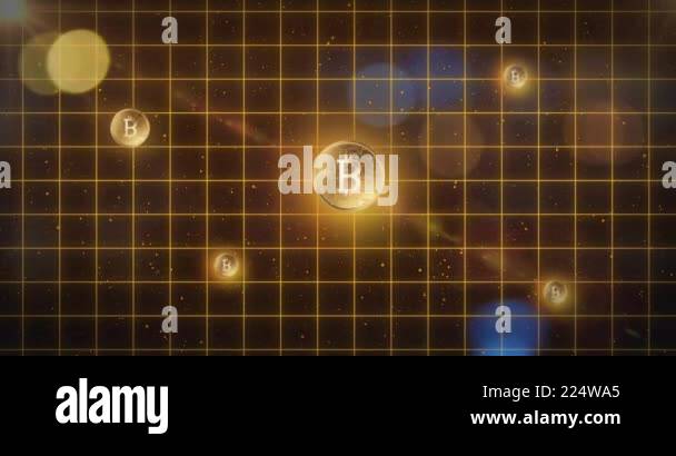 Bitcoin symbols and grid animation over starry space background ...