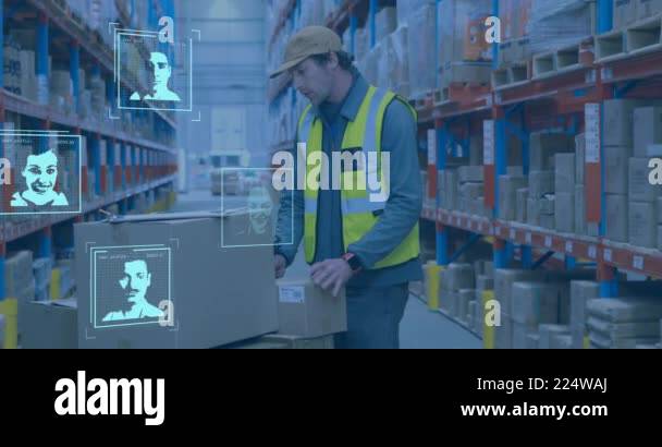 Facial recognition animation over warehouse worker handling large box ...