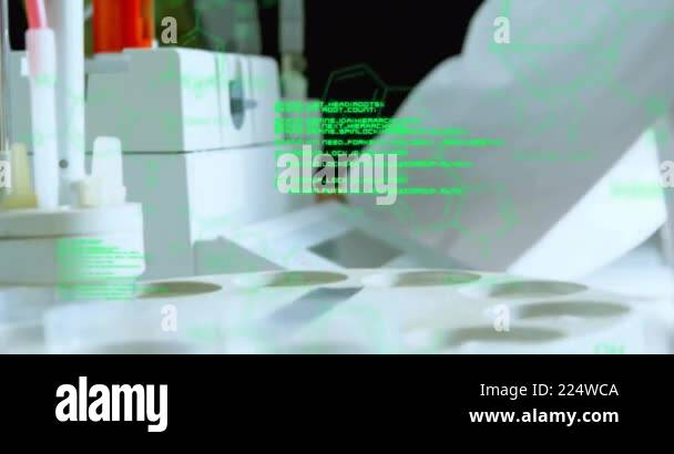 Animation of data processing with chemical formula over caucasian male scientist working in lab ...