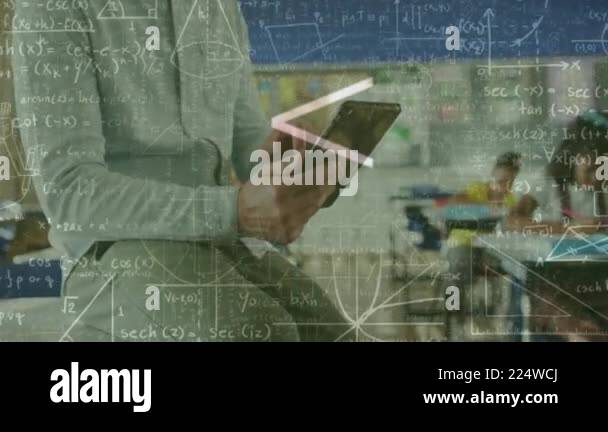 Animation of mathematical data processing over diverse schoolchildren and male teacher in ...