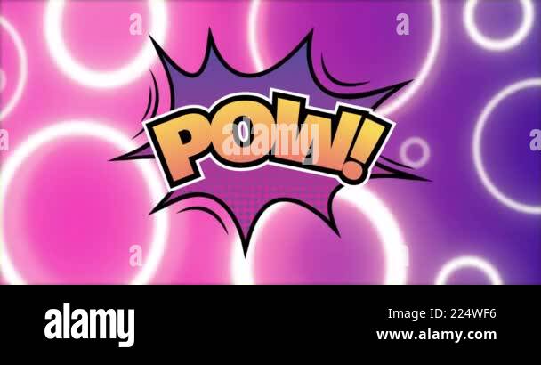 Animation of colourful pow text over comic shape over floating neon ...