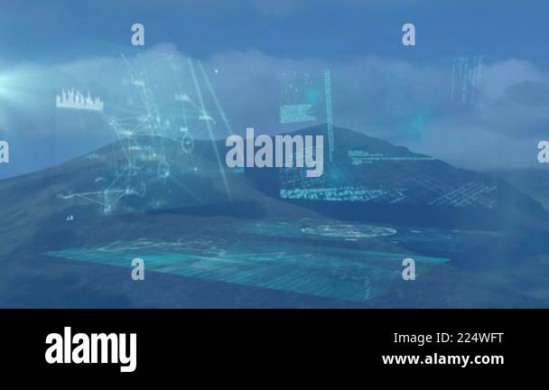 Digital data and network connections animation over mountain landscape ...