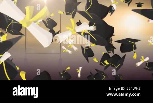 Graduation caps and diplomas animation over sunset background ...