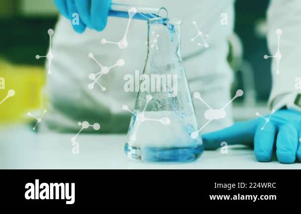 Animation of molecules over female scientist with test tube in ...