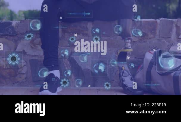 Animation of scopes and data over african american man with artificial ...