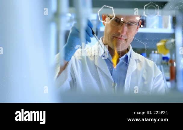 Animation of scientific data processing over caucasian male scientist ...