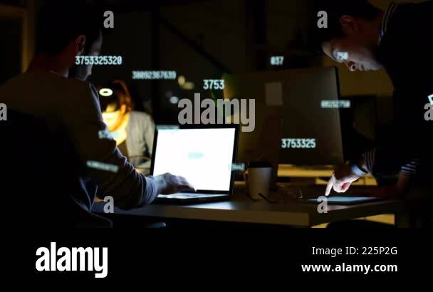 Animation of data processing over diverse collleagues working in office. Global business, office ...