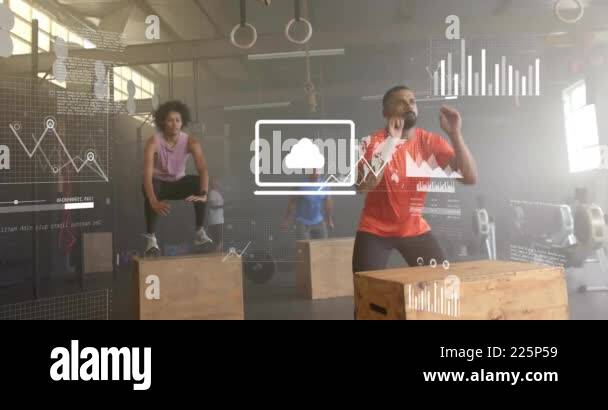 Animation of data processing and diagrams over diverse people jumping ...