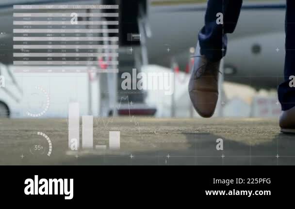 Animation of financial data processing over airplane. Global finance ...