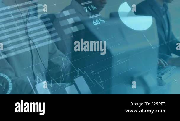 Animation of financial data processing over diverse colleagues using phone headsets and ...