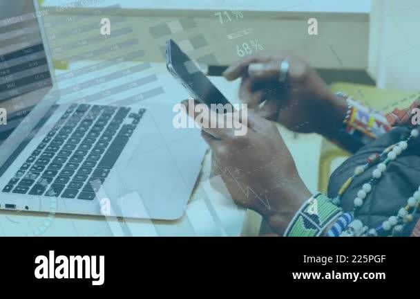 Animation of digital data processing over african american man using smartphone. Global ...