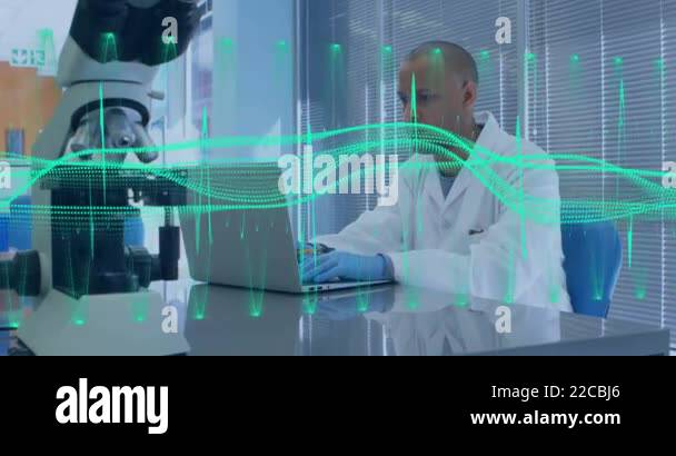 Animation of scientific data processing over biracial male scientist in ...