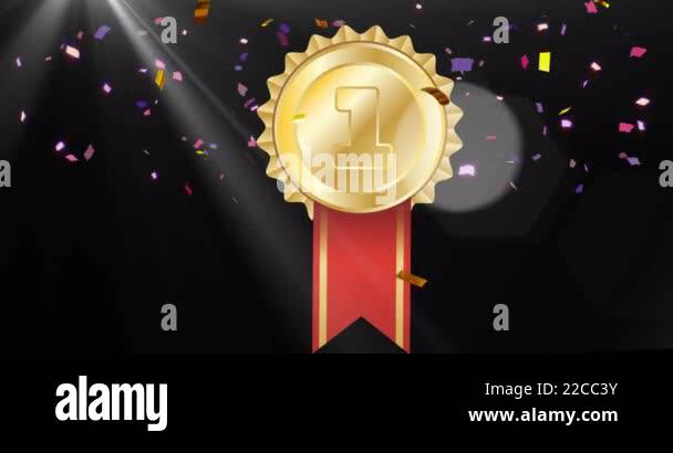 Animation of confetti falling over gold medal on black background ...