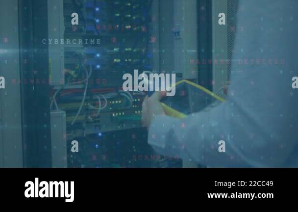 Animation of digital data processing over caucasian it man with device by computer servers ...