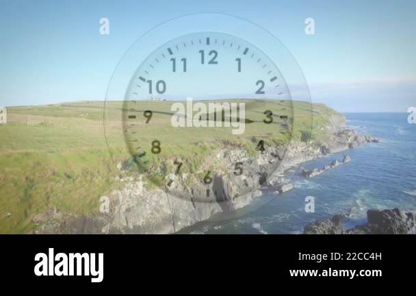 Animation of moving clock over landscape. Time, nature and digital ...