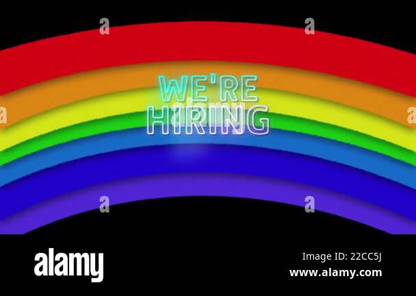 Animation of we're hiring neon text and rainbow over black background ...