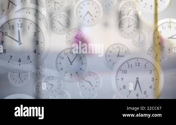 Animation of clocks falling and moving over people walking in city. Time, business and digital ...