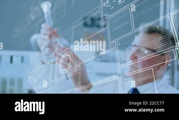 Animation of scientific data processing over caucasian male scientist ...