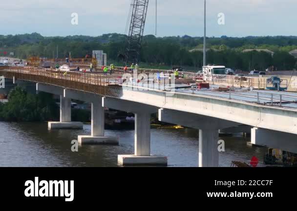 Hardhat workers at highway bridge construction in Ellenton, Florida ...