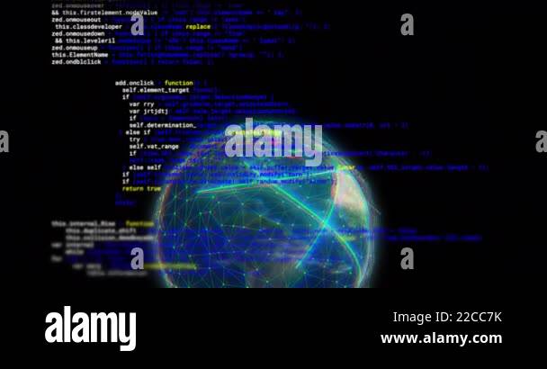 Animation of digital data processing and globe over black background. Global artificial ...