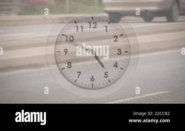 Animation of moving clock over cars on road. Time, business and digital ...