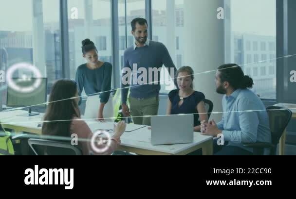 Animation of network of connections with icons over diverse colleagues ...