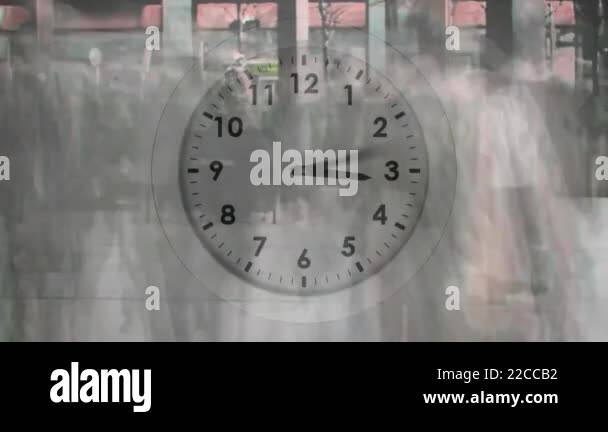 Animation of moving clock over walking people in city. Time, business ...