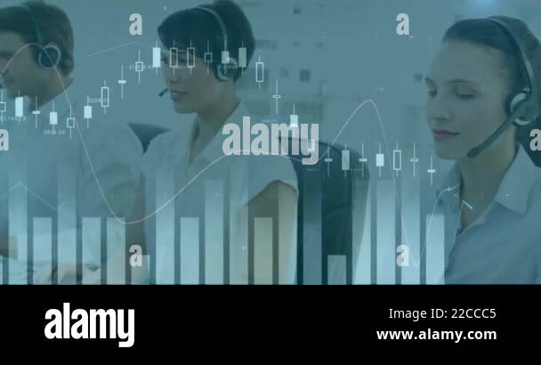 Animation of financial data processing over diverse colleagues using phone headsets and ...
