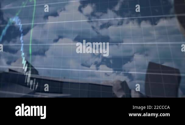 Animation of financial data processing over dollar symbol and sky with ...