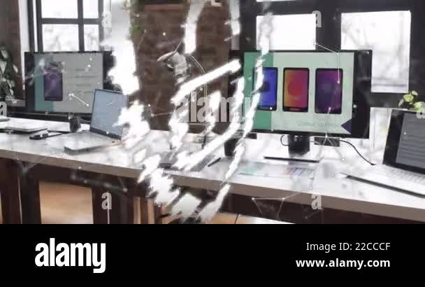 Animation of padlock, connections and data processing over computers on desks in office. Global ...