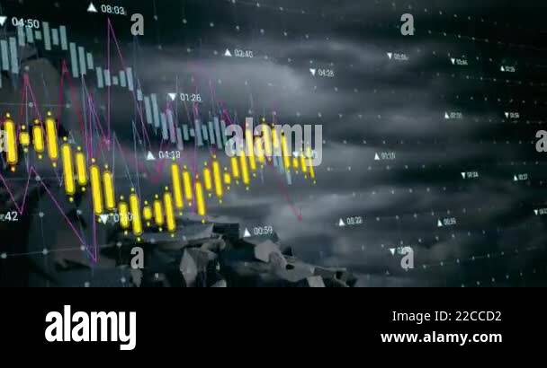 Animation of financial data processing over dollar symbol and sky with ...