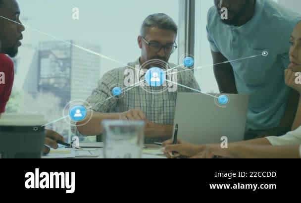 Animation of network of connections with icons over diverse colleagues ...